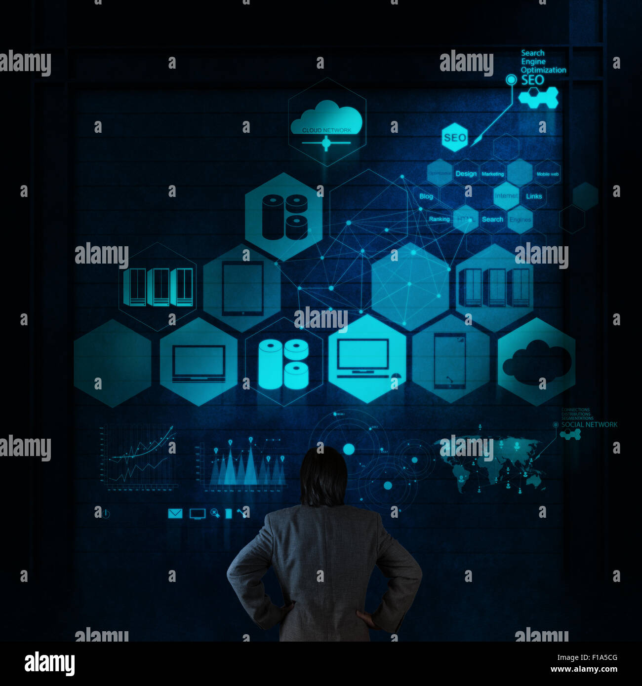 Businessman thinking of a Cloud Computing diagram on the new computer ...