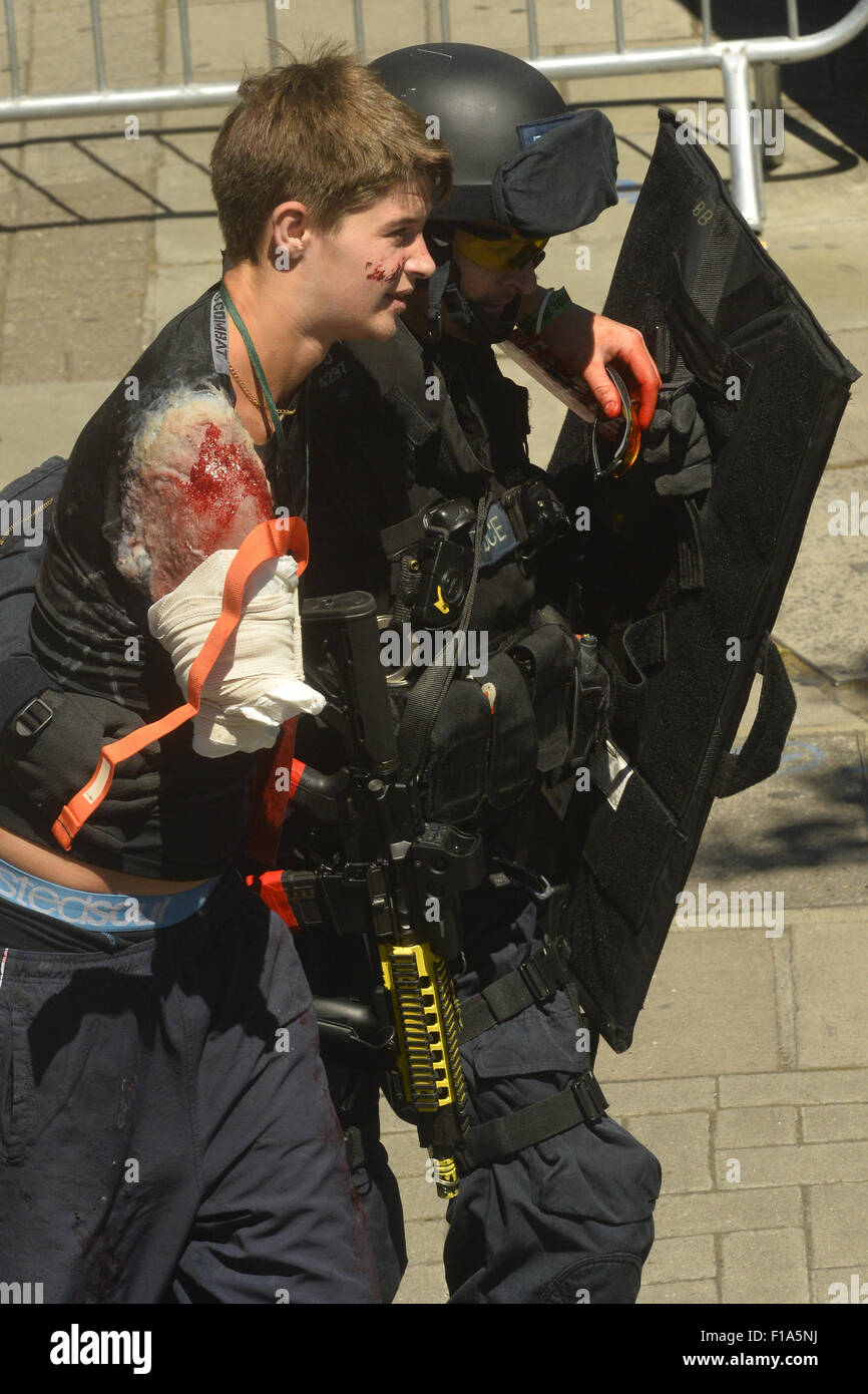 Police, medical and special forces take part in a training exercise ...