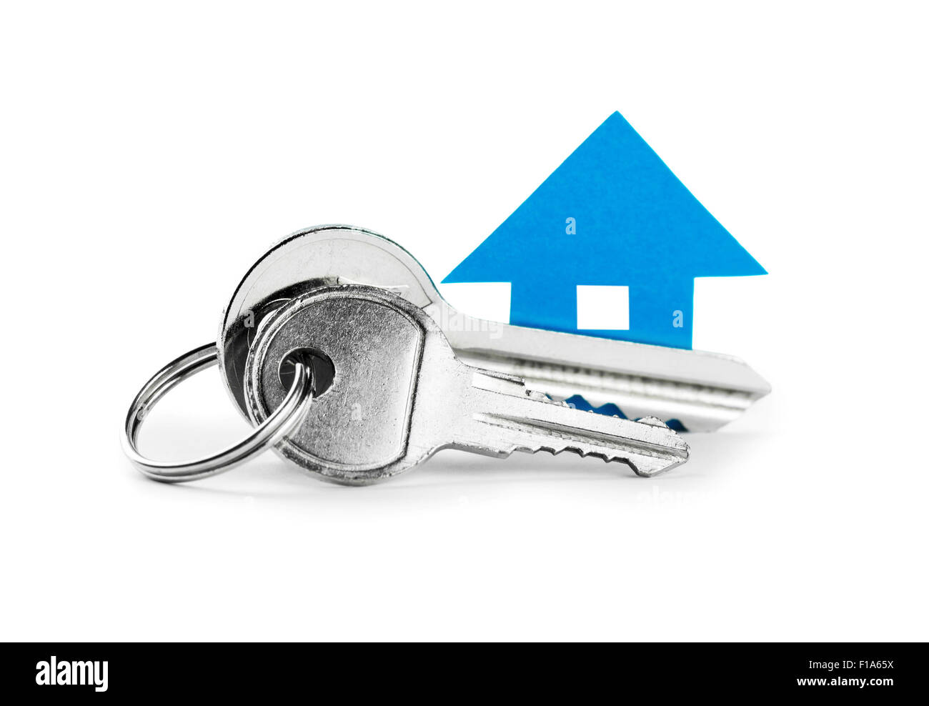 House keys with blue house on white background Stock Photo - Alamy