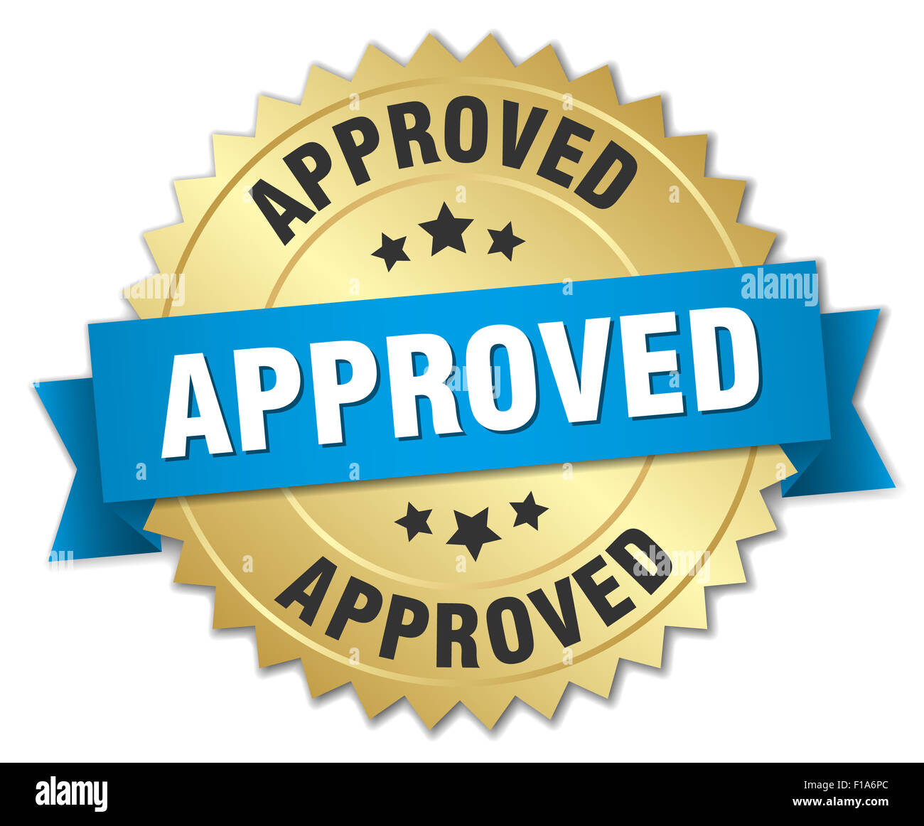 approved 3d gold badge with blue ribbon Stock Photo - Alamy