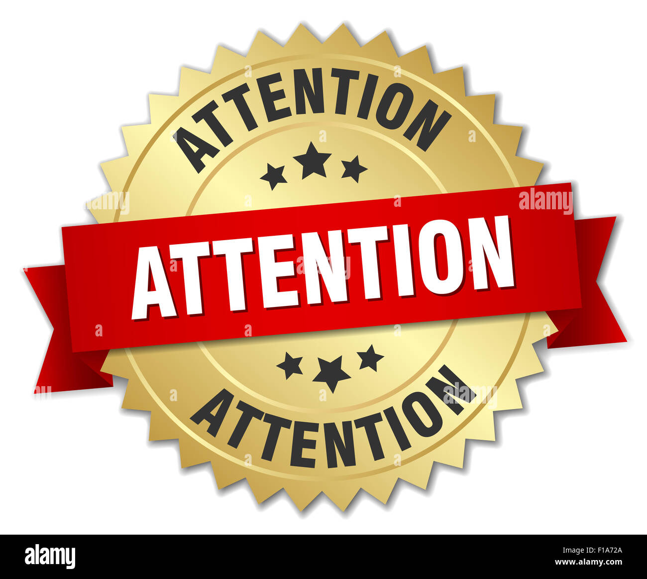 attention 3d gold badge with red ribbon Stock Photo - Alamy