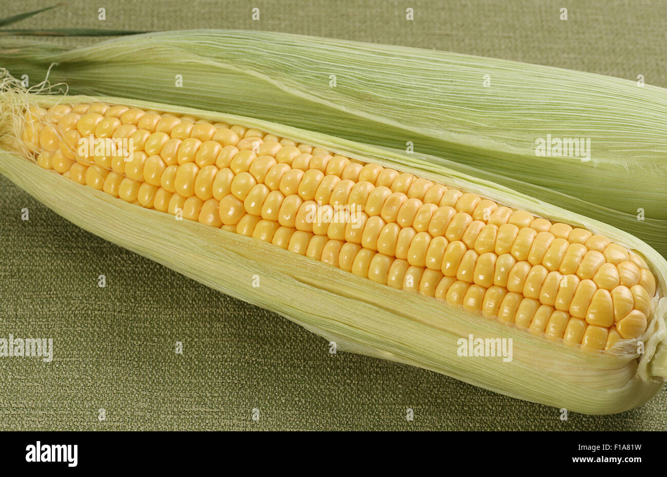 two ripe corn cobs on a green cloth Stock Photo - Alamy