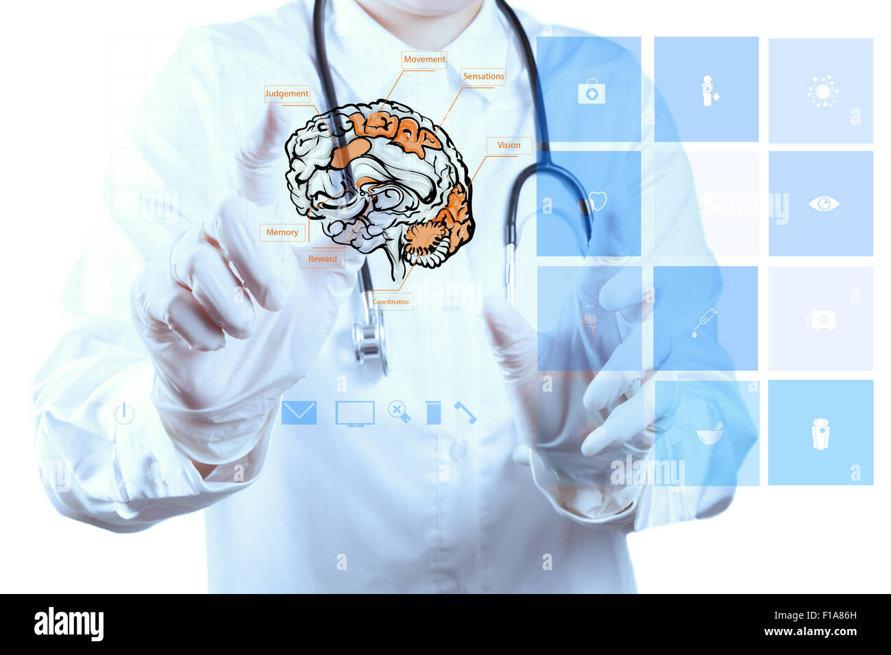 medical doctor hand with glove draws brain with new computer as medical ...