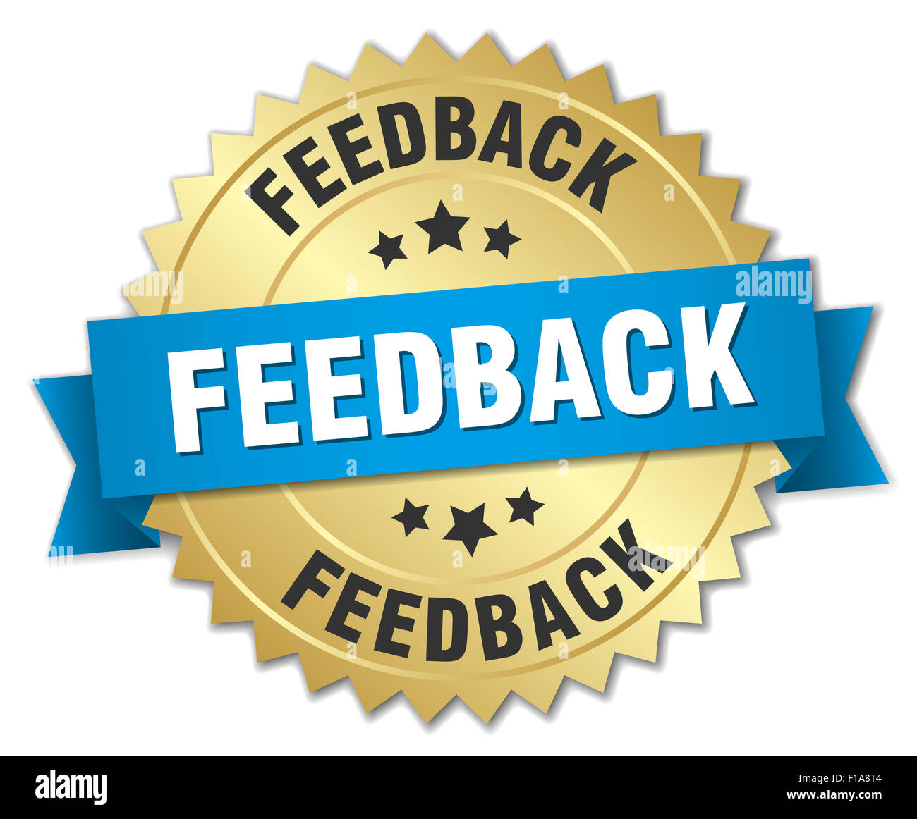 feedback 3d gold badge with blue ribbon Stock Photo - Alamy