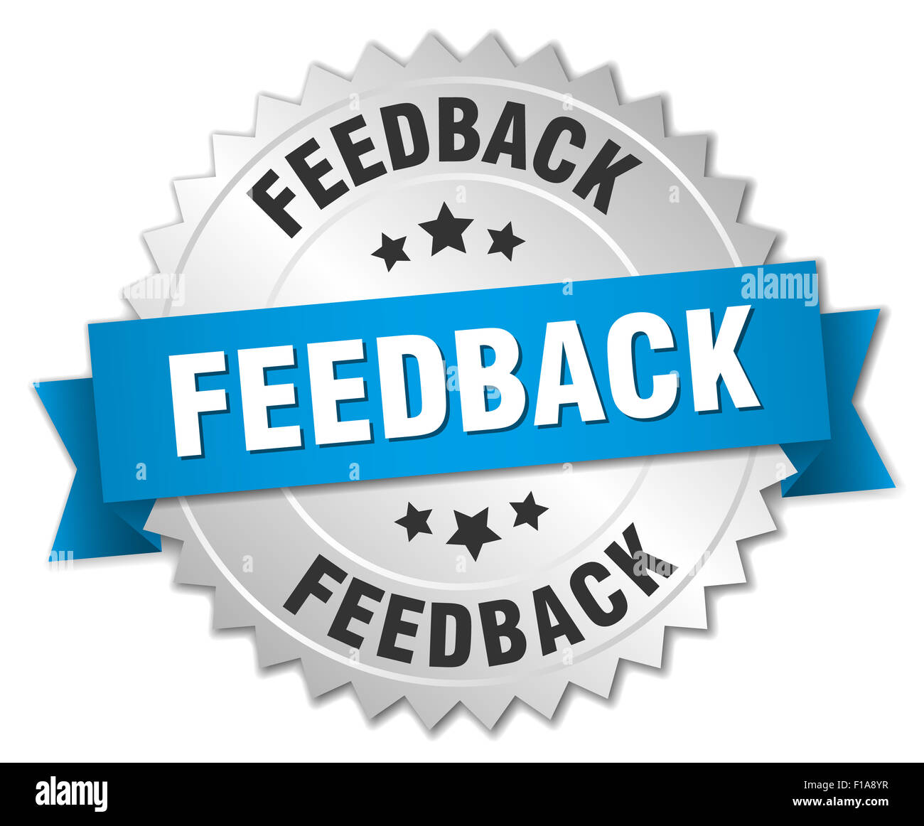 feedback 3d silver badge with blue ribbon Stock Photo - Alamy