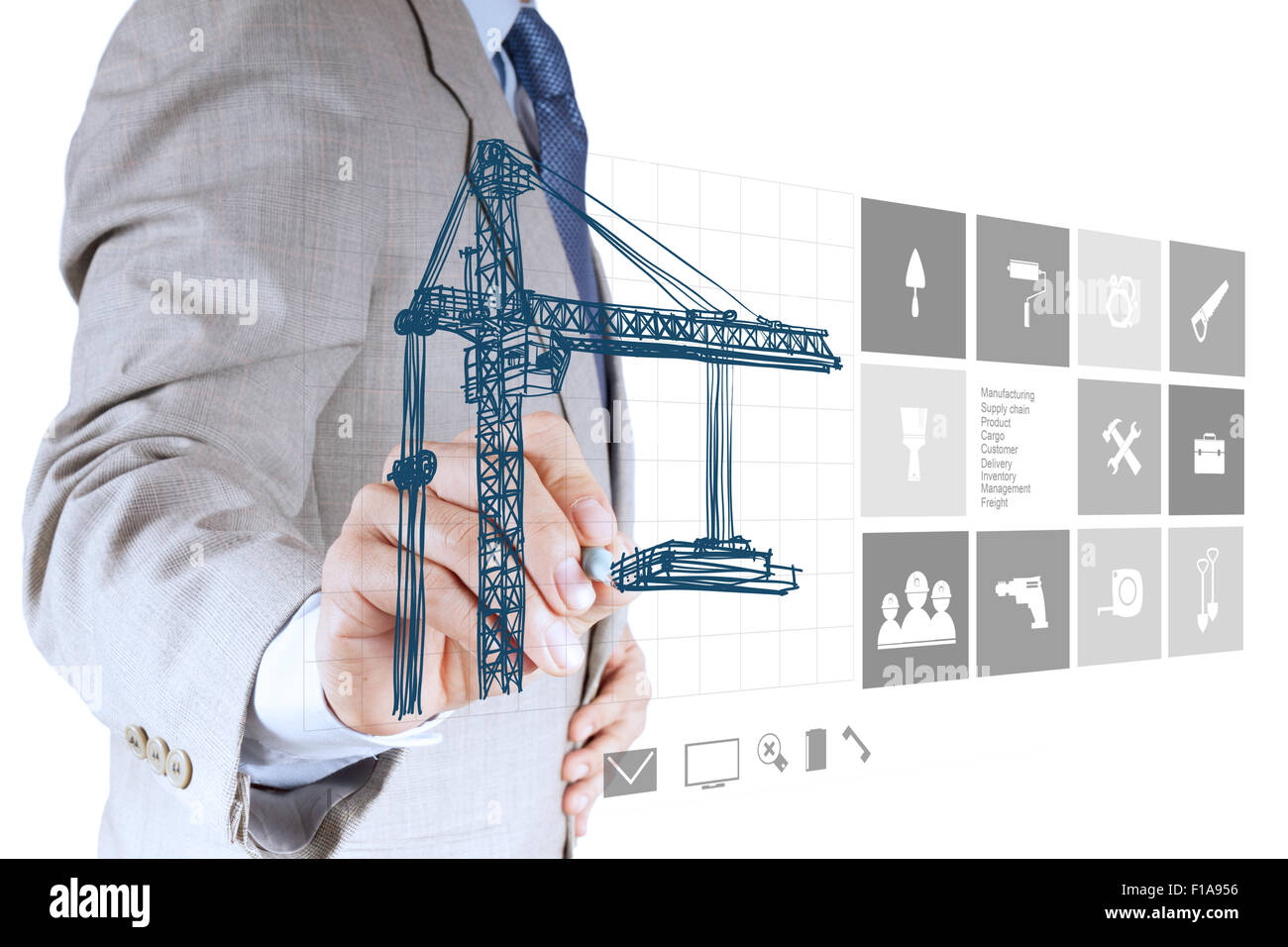 engineer hand working with new computer interface show building ...