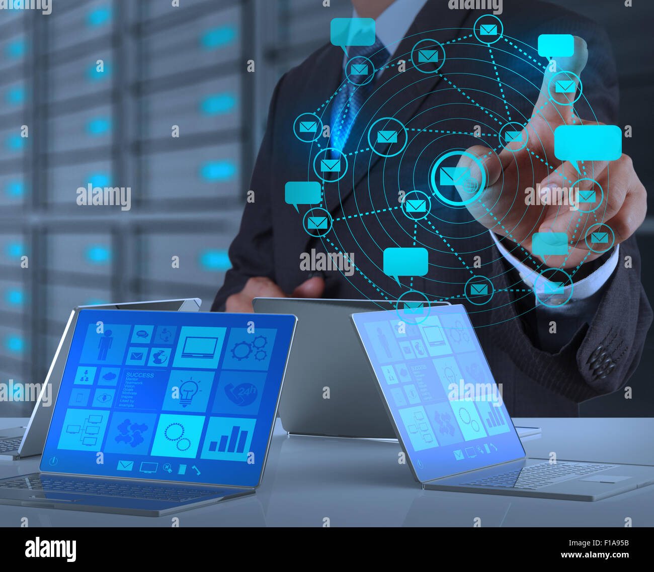 businessman hand working with the new computer shows internet and ...