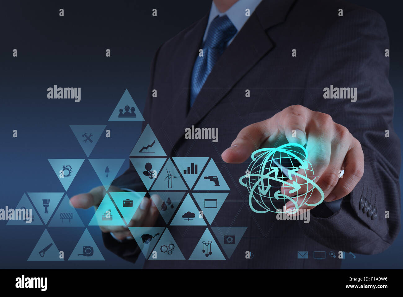 Businessman hand working with virtual interface show globalization and ...