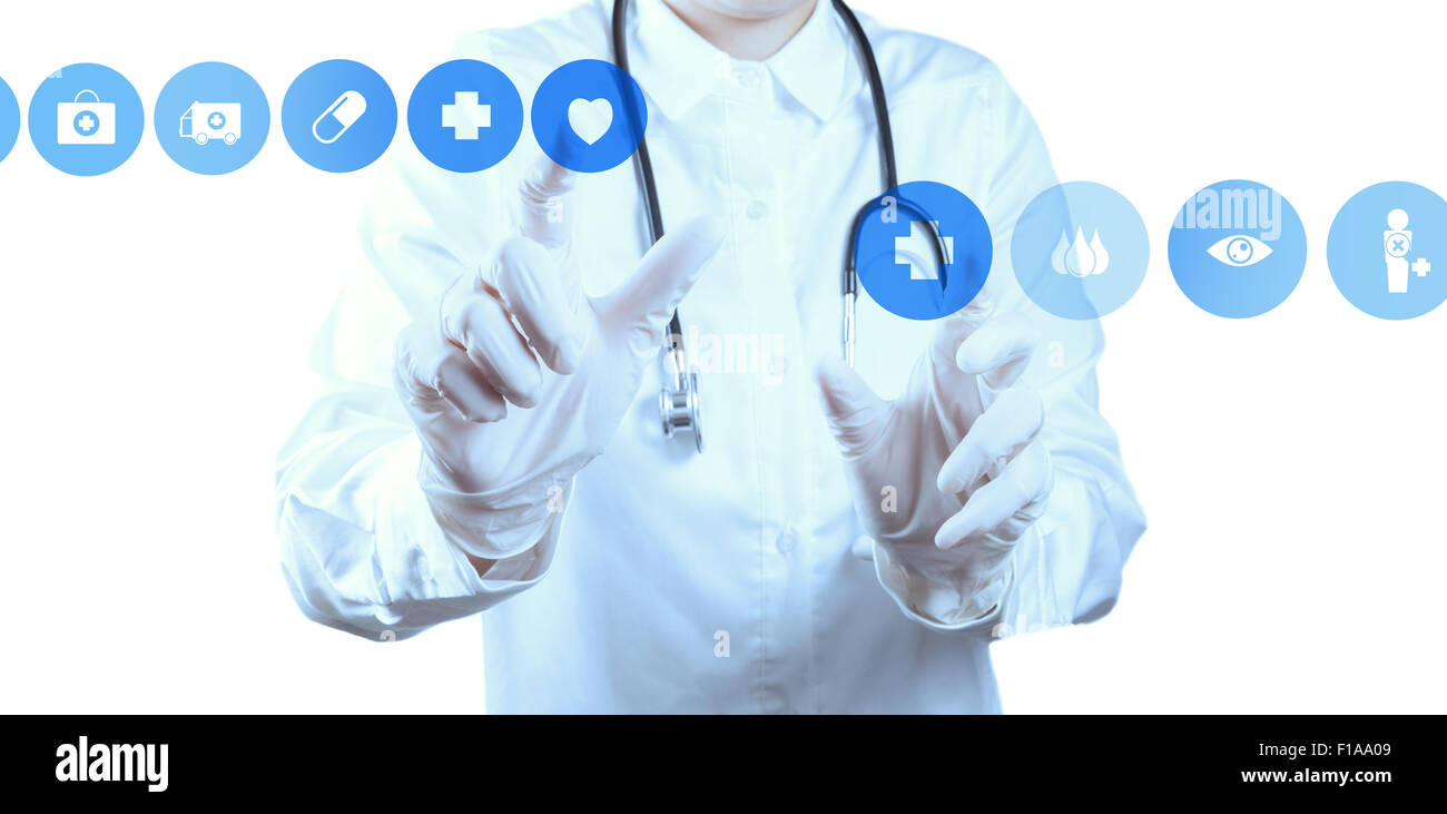 Medicine doctor hand working with modern computer interface as medical ...