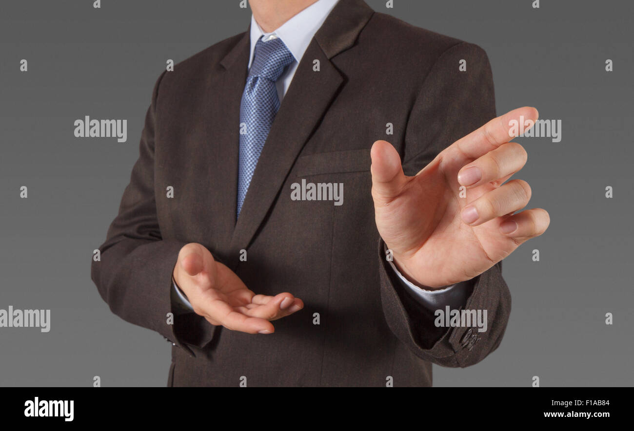 Businessman hand pressing an imaginary button on virtual screen Stock ...