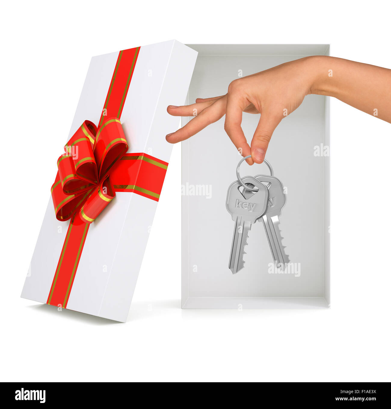 Open gift box with hand and keys on white Stock Photo - Alamy