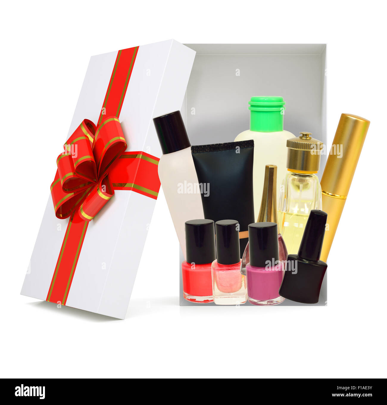 Open gift box with cosmetics stuff Stock Photo - Alamy