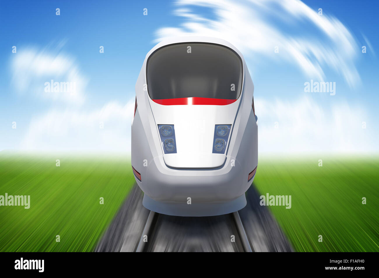 Train on rail-tracks, front view Stock Photo - Alamy