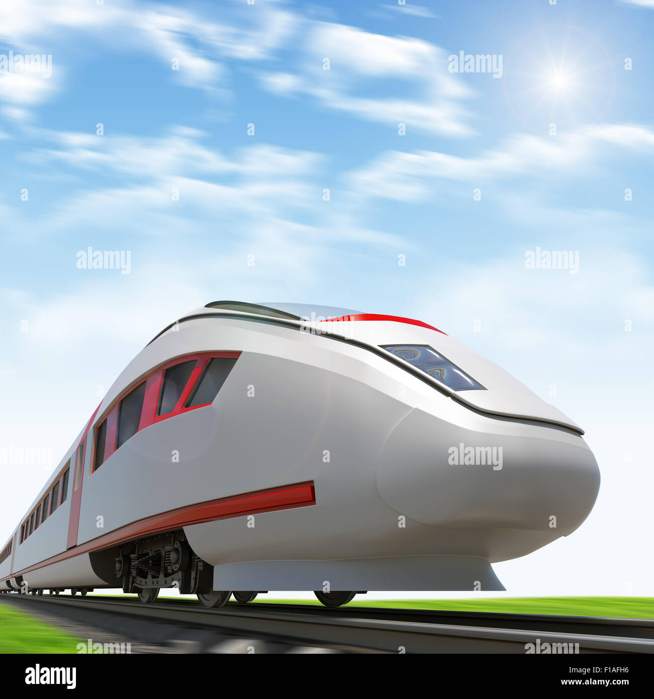 Train moving forward on rail-tracks with sun Stock Photo - Alamy