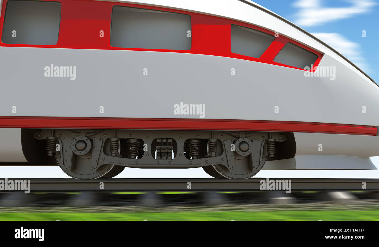 Modern train moving on rail-tracks, close-up view Stock Photo - Alamy