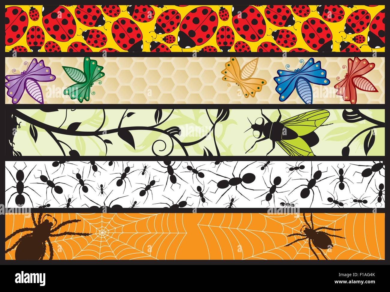 Five Insect Web Banners. Layered .eps file for easy editing Stock ...