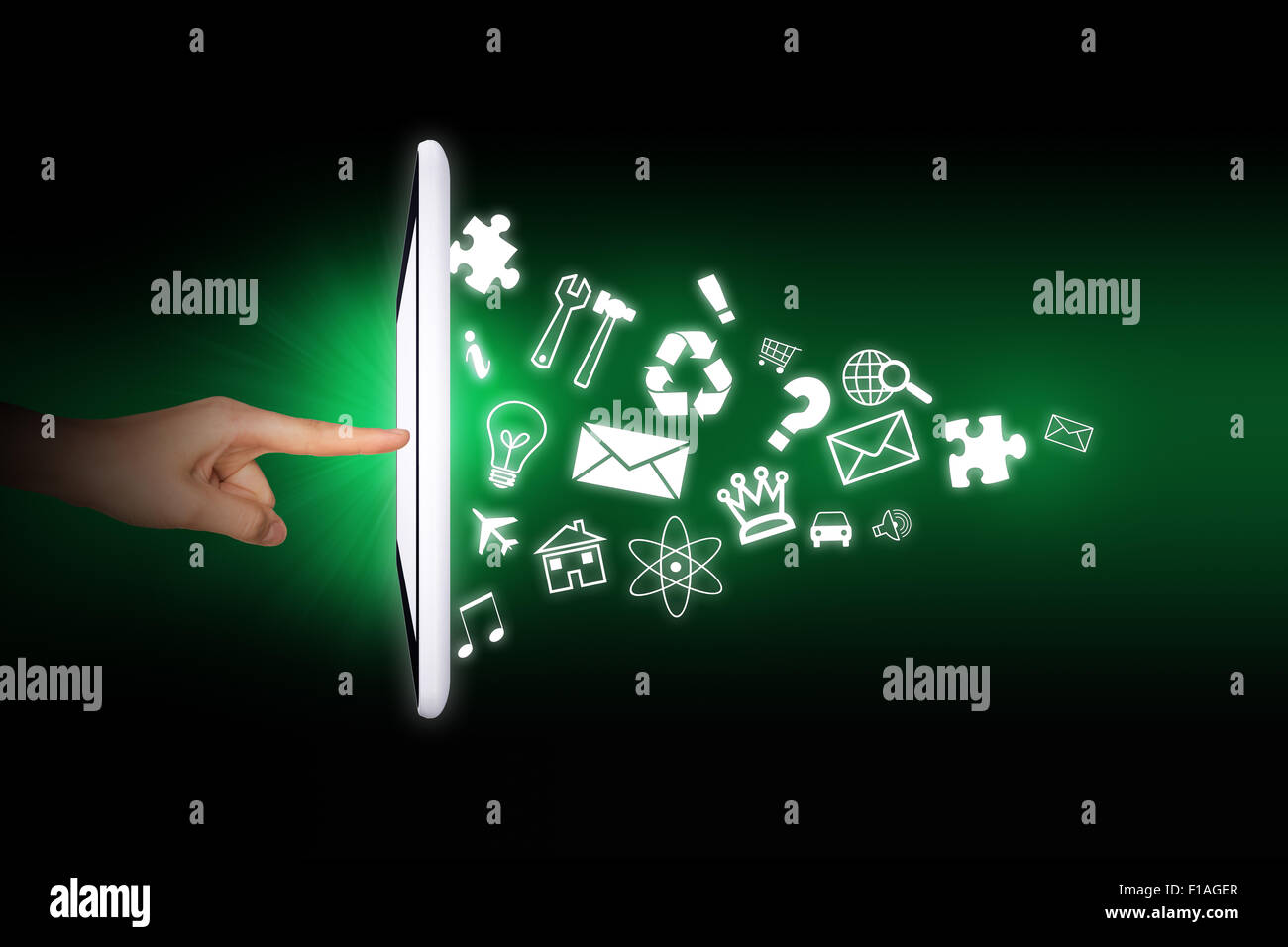 Humans pointer finger touching tablet Stock Photo - Alamy