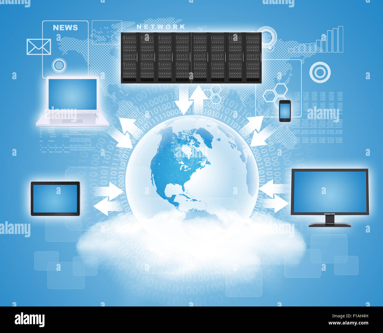 Earth with gadgets and metal lockers Stock Photo - Alamy