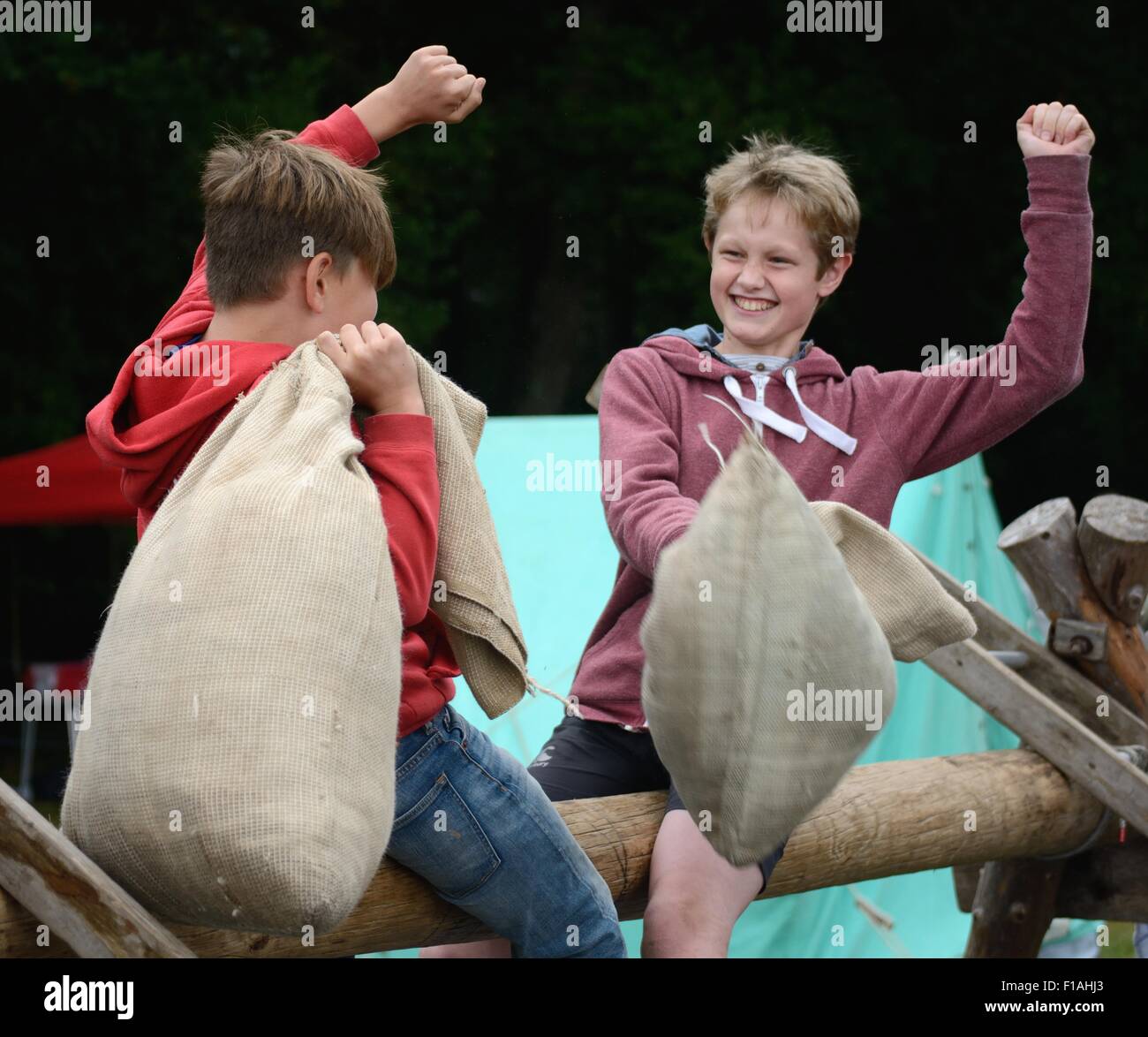 Smiling teenage boys sack fighting while balancing on a pole at ...
