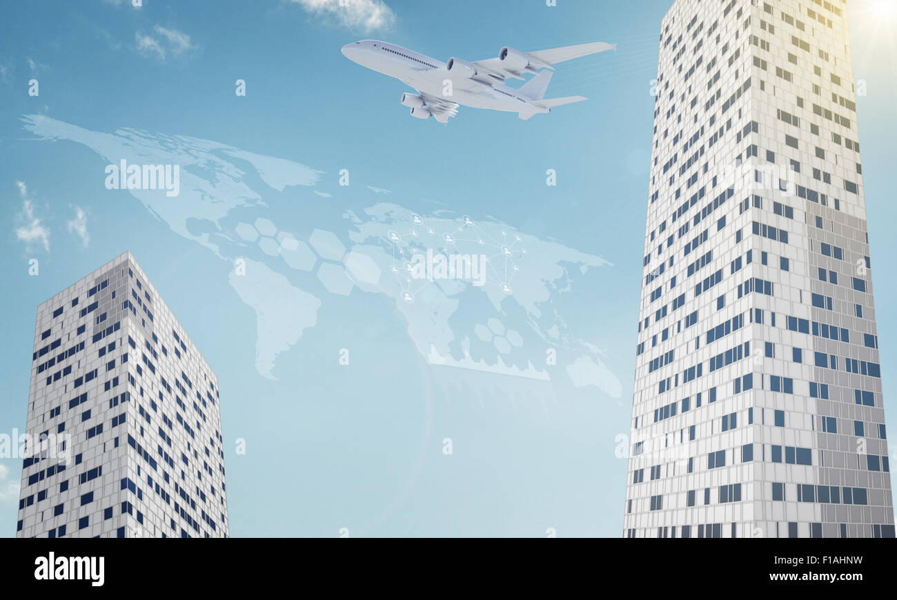 Two business centers with world map Stock Photo - Alamy