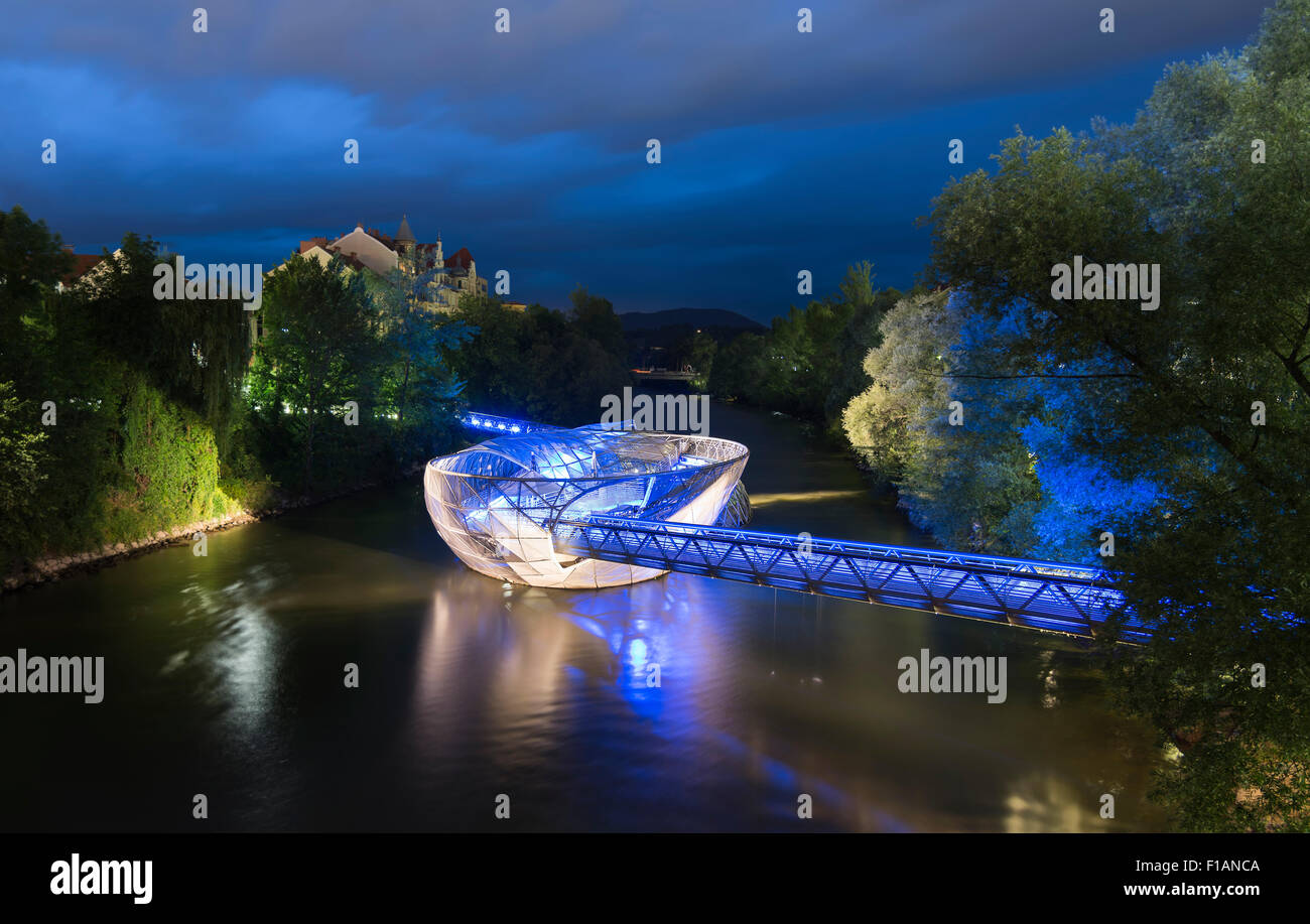 Austria, Styria, Graz, Murinsel, illuminated floating platform in the ...