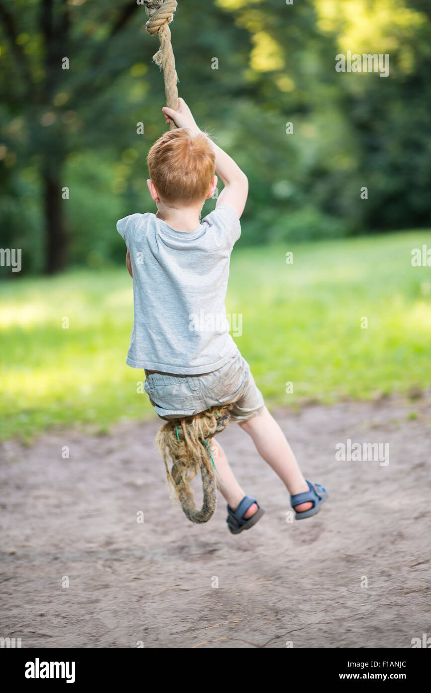 Back view of little boy swinging with rope in a park Stock Photo - Alamy