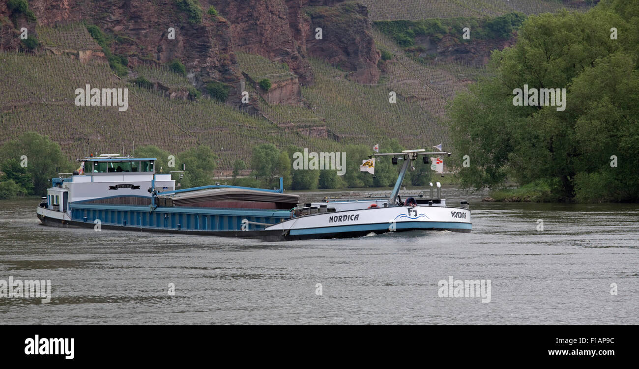 Panoramic of Barge transport on Mosel River Germany Stock Photo - Alamy
