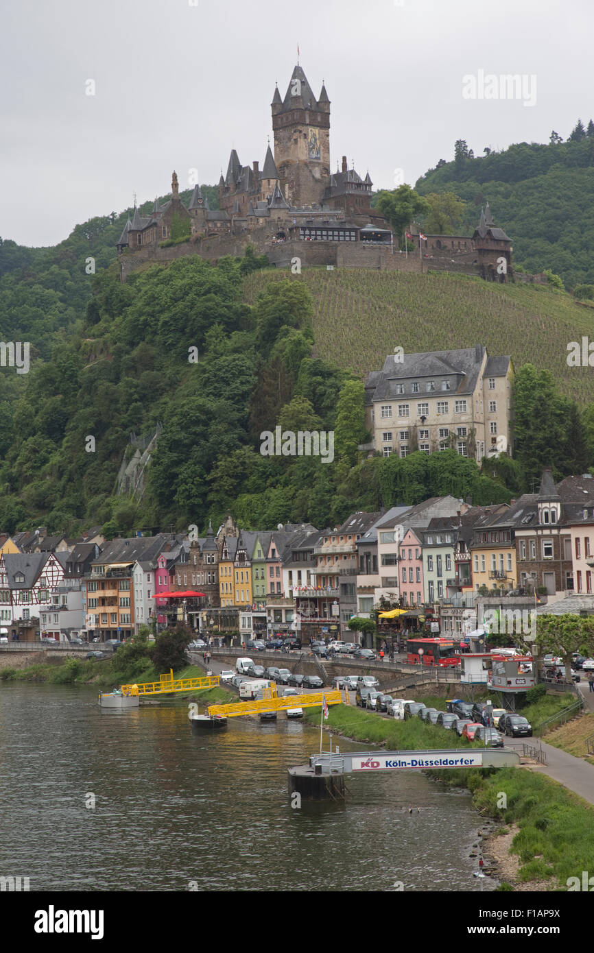 Cochem town ob Mosel River with Imperial castle Reichsburg Cochem on ...