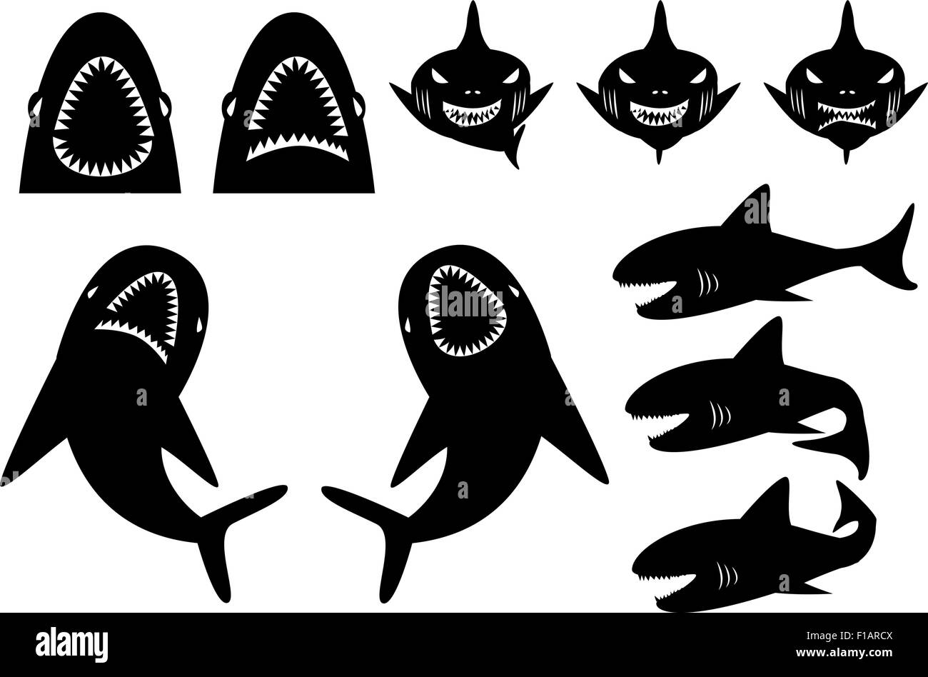 Collection of sharks silhouette in cartoon style. front, under and side ...