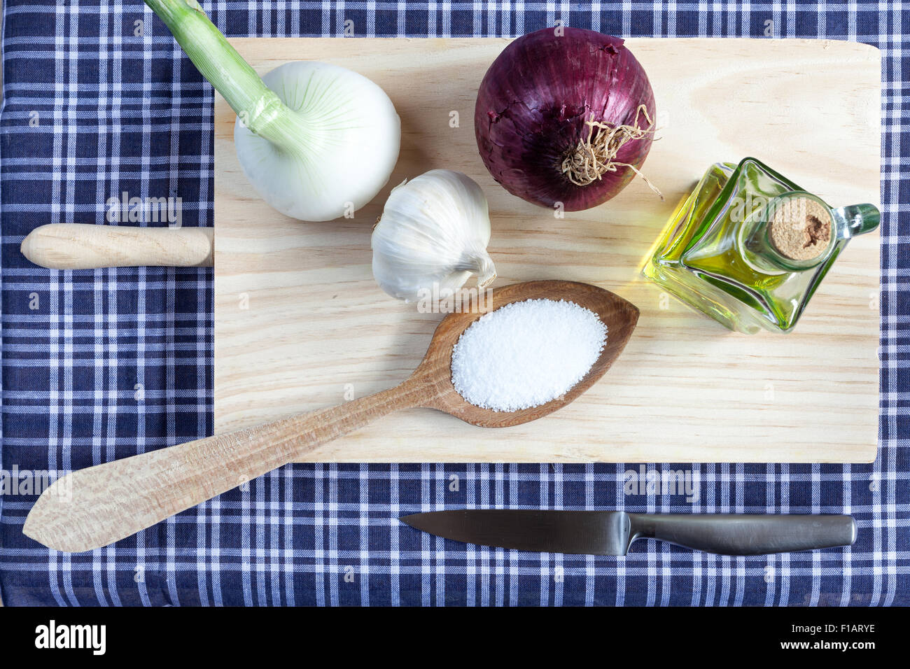 basic ingredients on a kitchen table Stock Photo - Alamy
