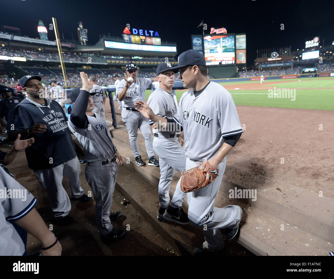 Atlanta, Georgia, USA. 28th Aug, 2015. (R-L) Masahiro Tanaka, Joe ...