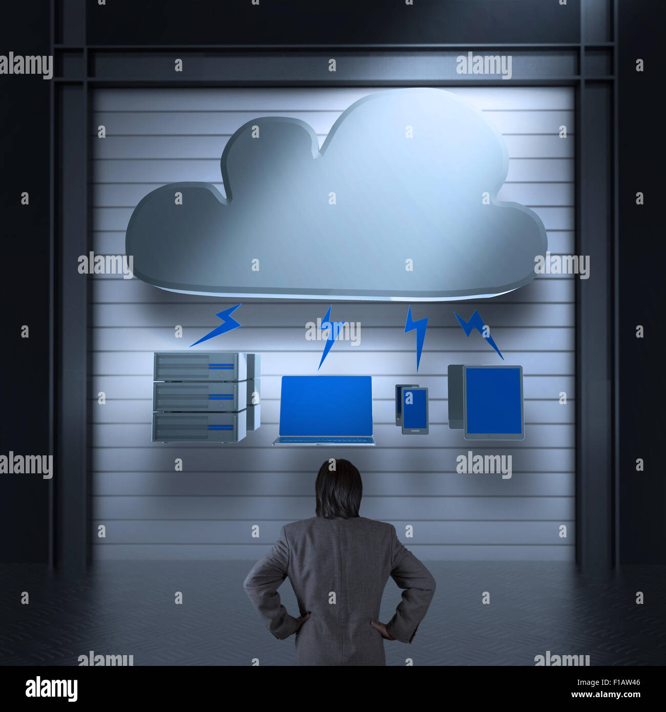 Businessman thinking of a Cloud Computing diagram on the new computer ...