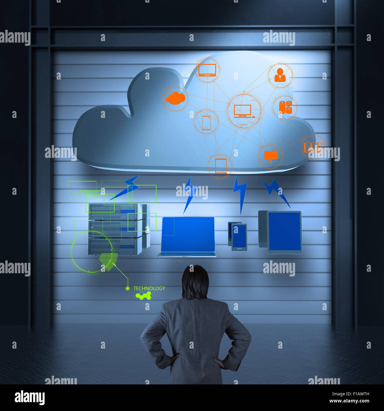 Businessman thinking of a Cloud Computing diagram on the new computer ...