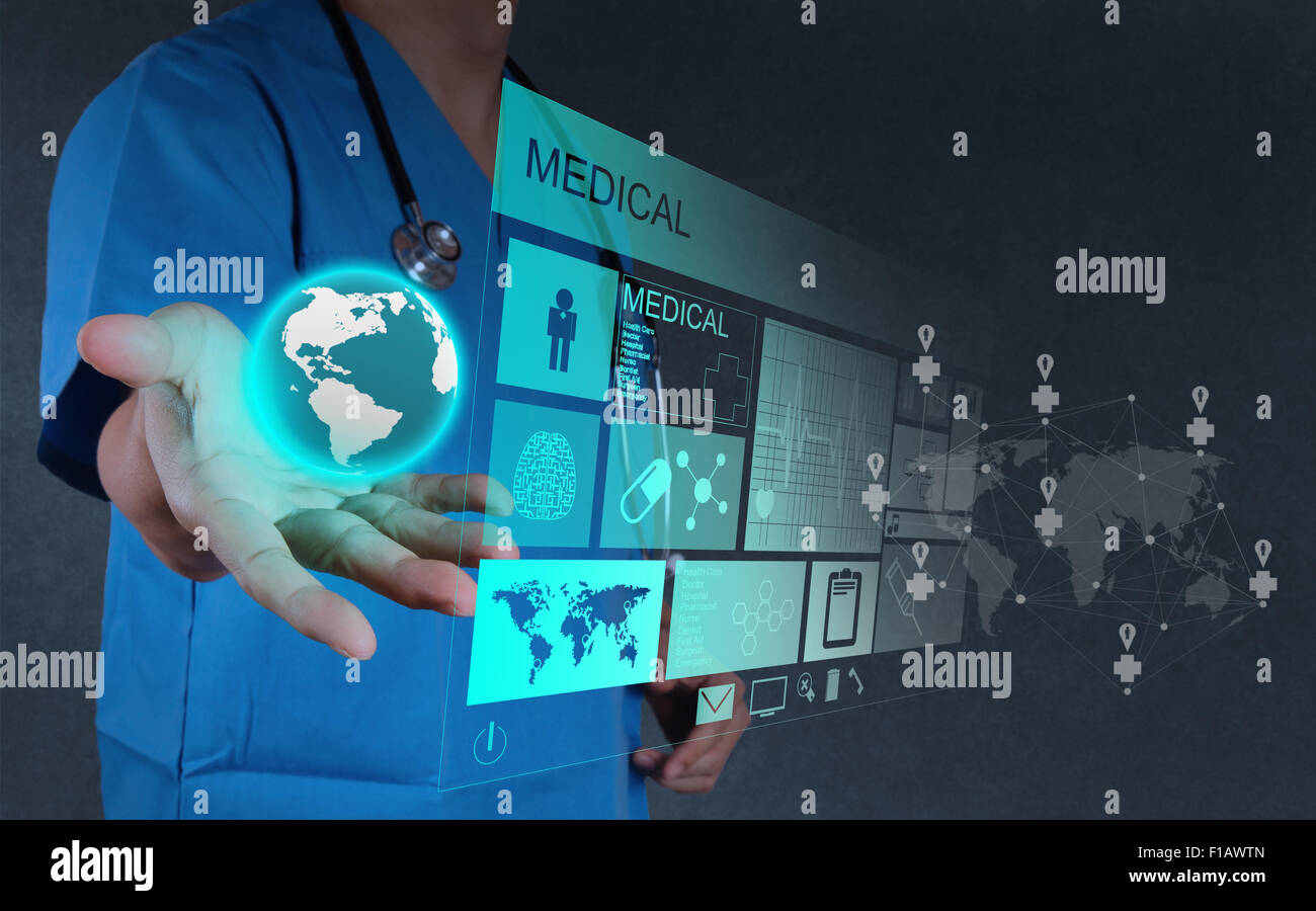 Medicine doctor hand working with modern computer interface as concept ...