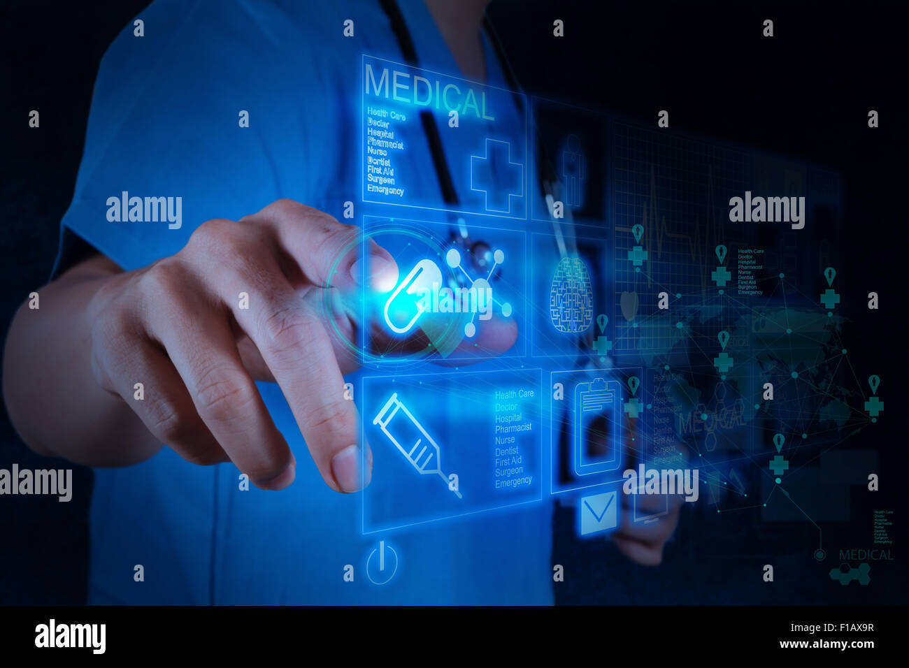 Medicine doctor hand working with modern computer interface as concept ...