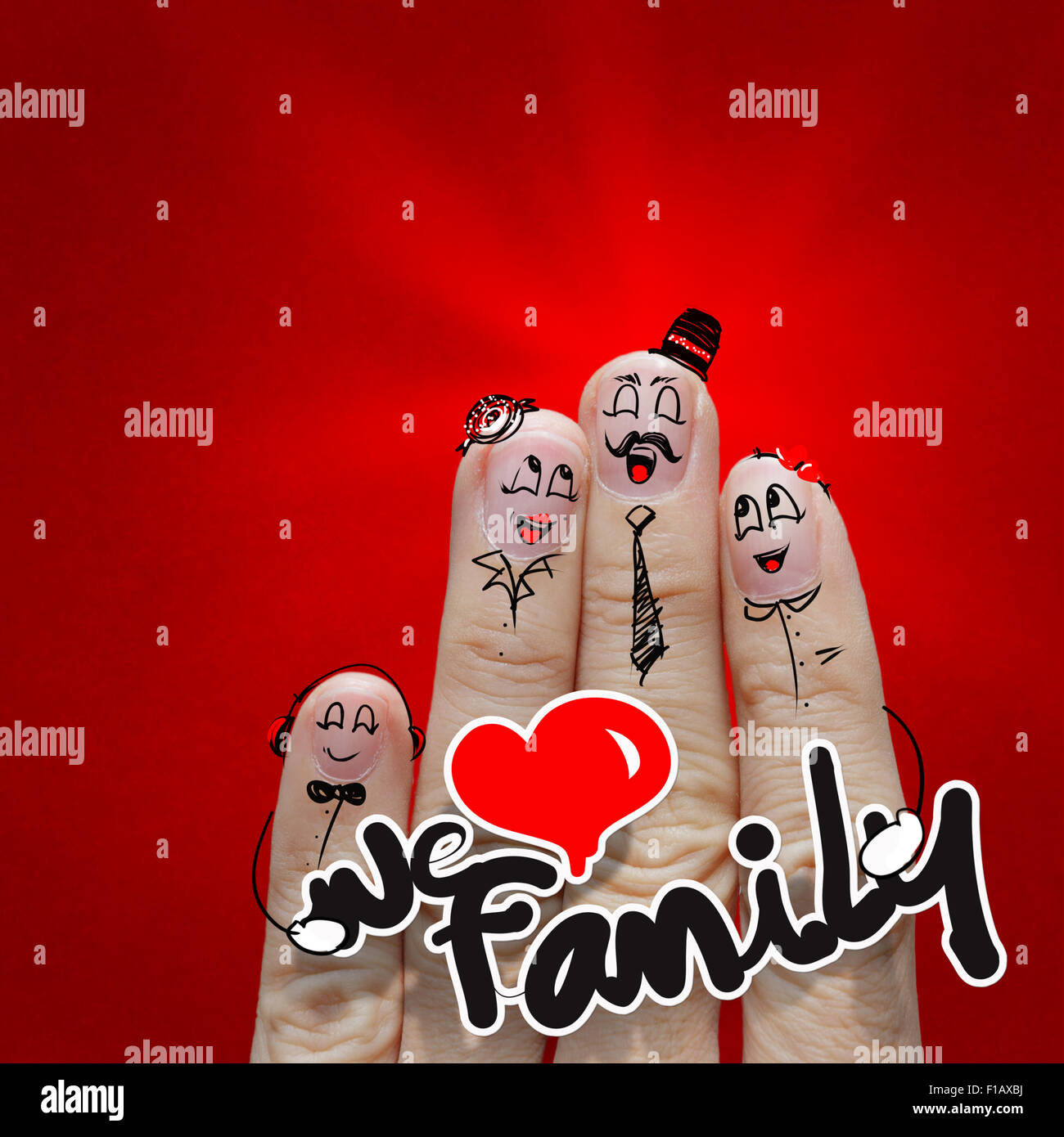 the happy finger family holding we love family word on red background ...