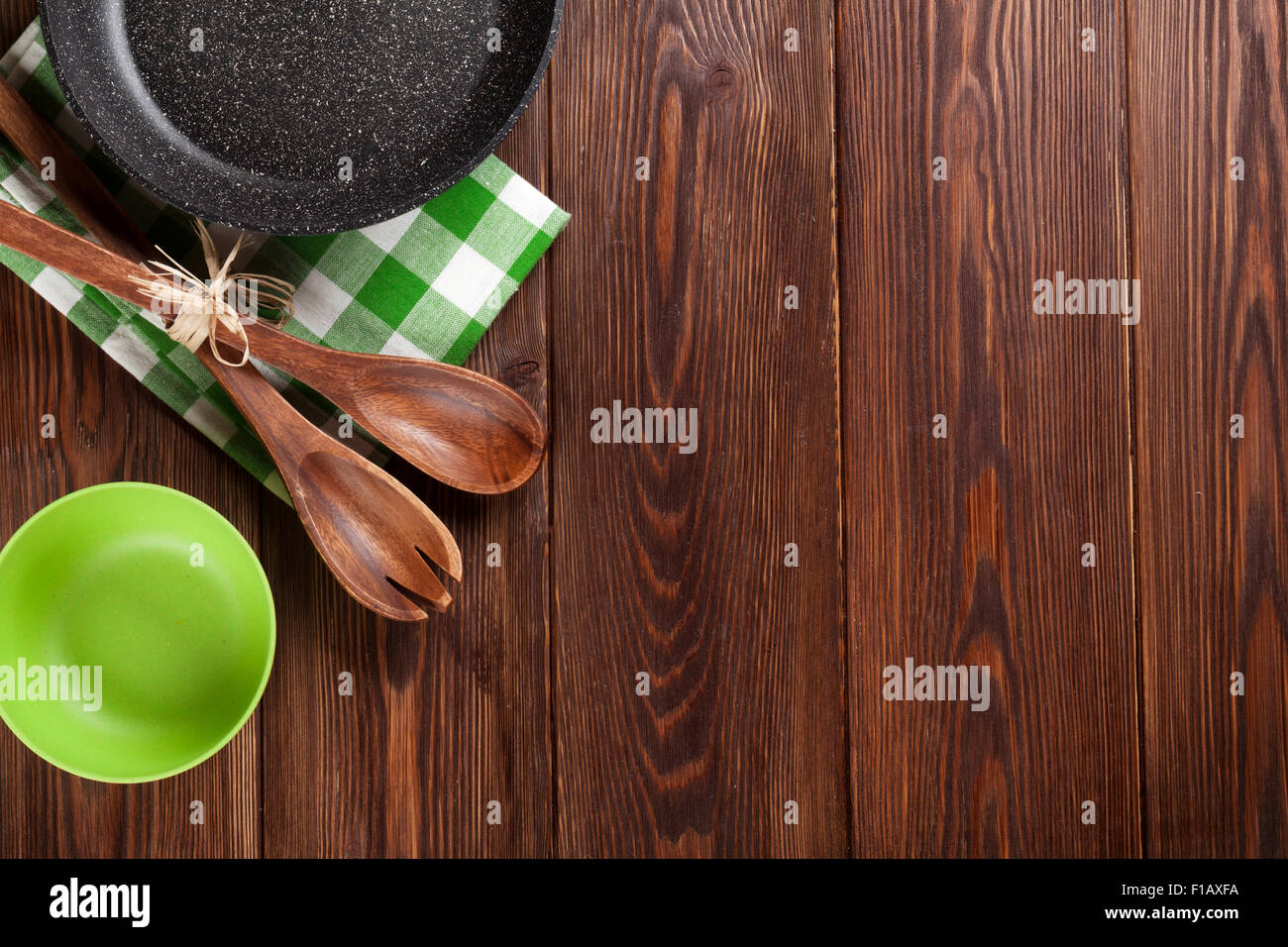 Cooking utensil on wooden table. Top view with copy space Stock Photo ...
