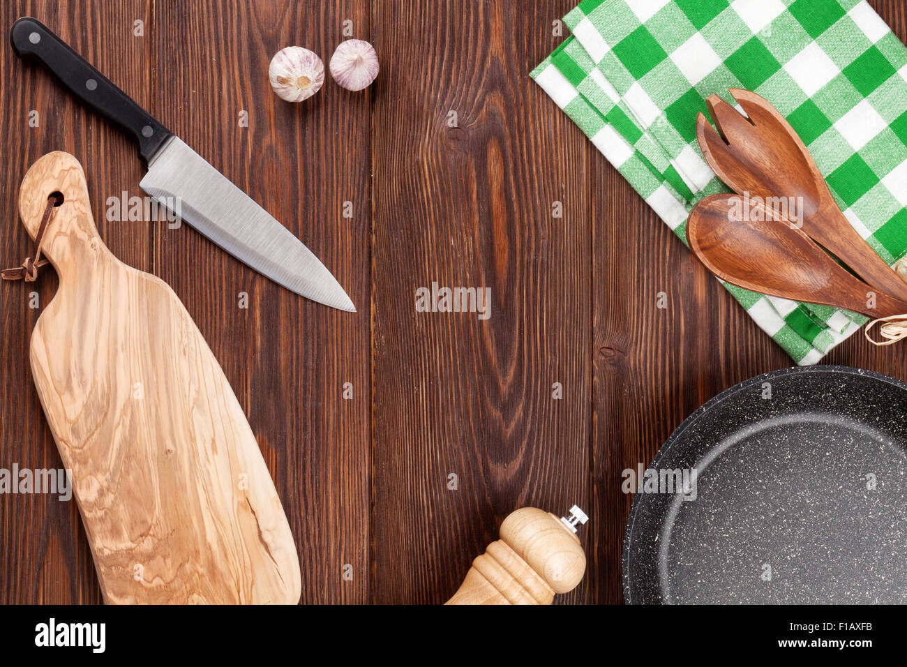 Cooking utensil on wooden table. Top view with copy space Stock Photo ...