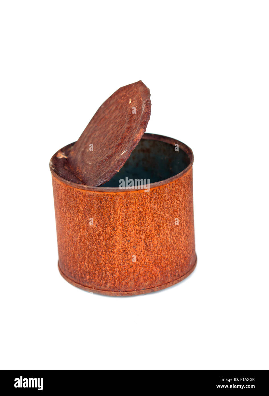 old rusty tin can on white background Stock Photo - Alamy