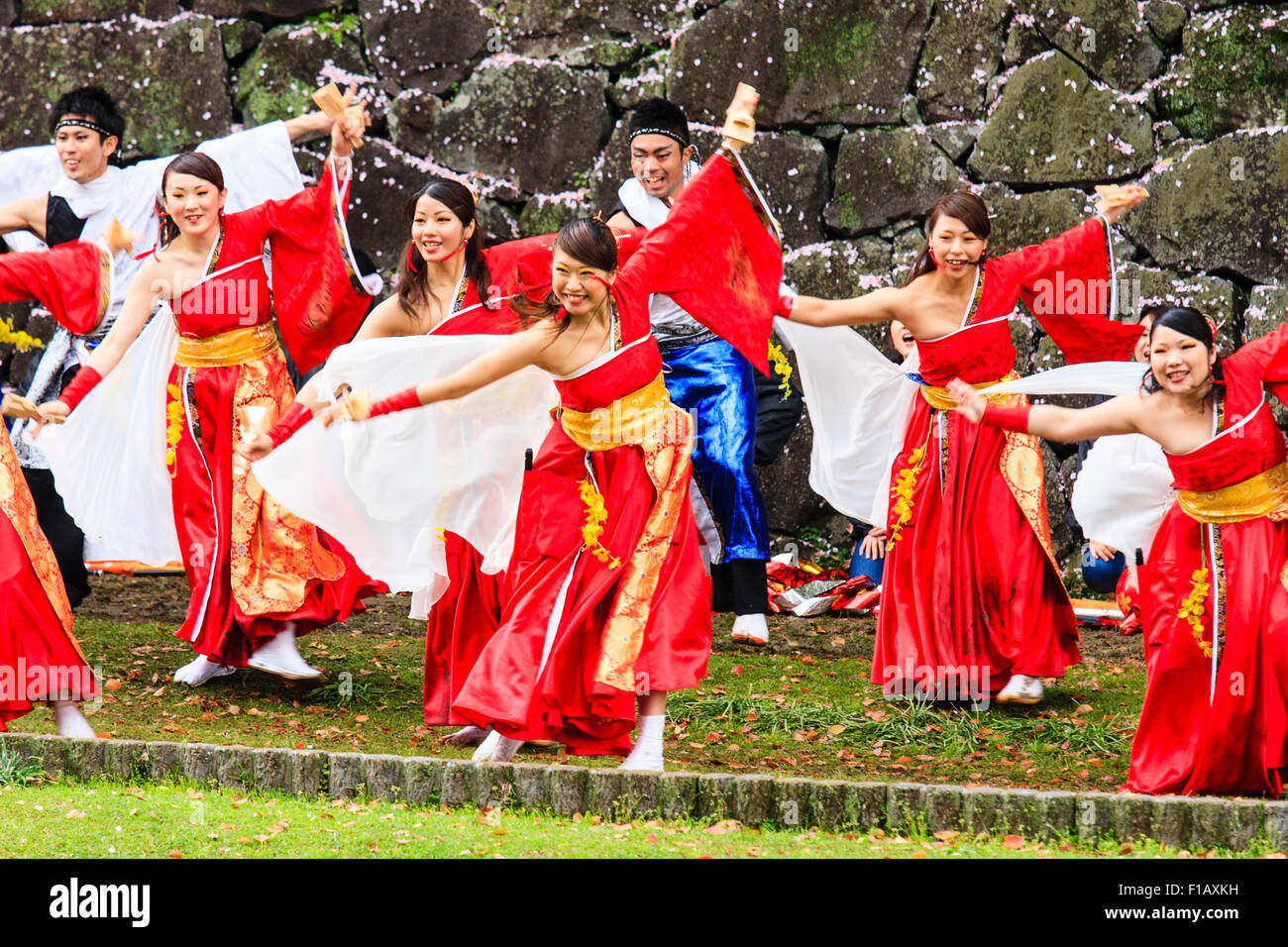 Japanese yosakoi dance team dancing in front of castle stone wall ...