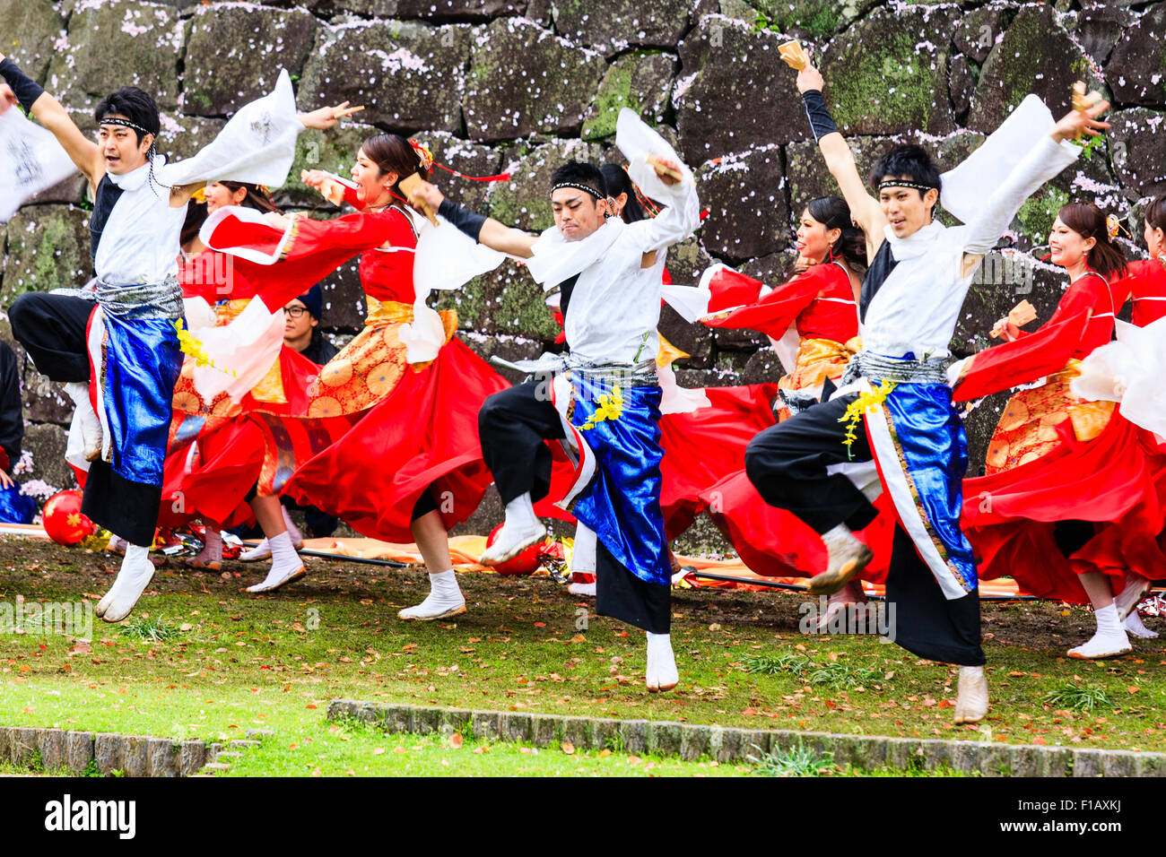 Japanese yosakoi dance team dancing in front of castle stone wall ...