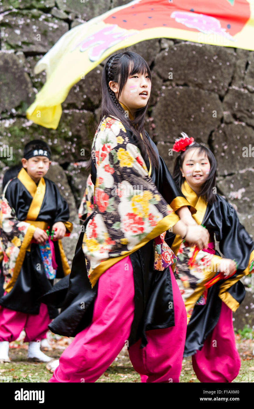 Kumamoto, Japan, Yosakoi Festival. Dance troupe of children, 10-16 year ...