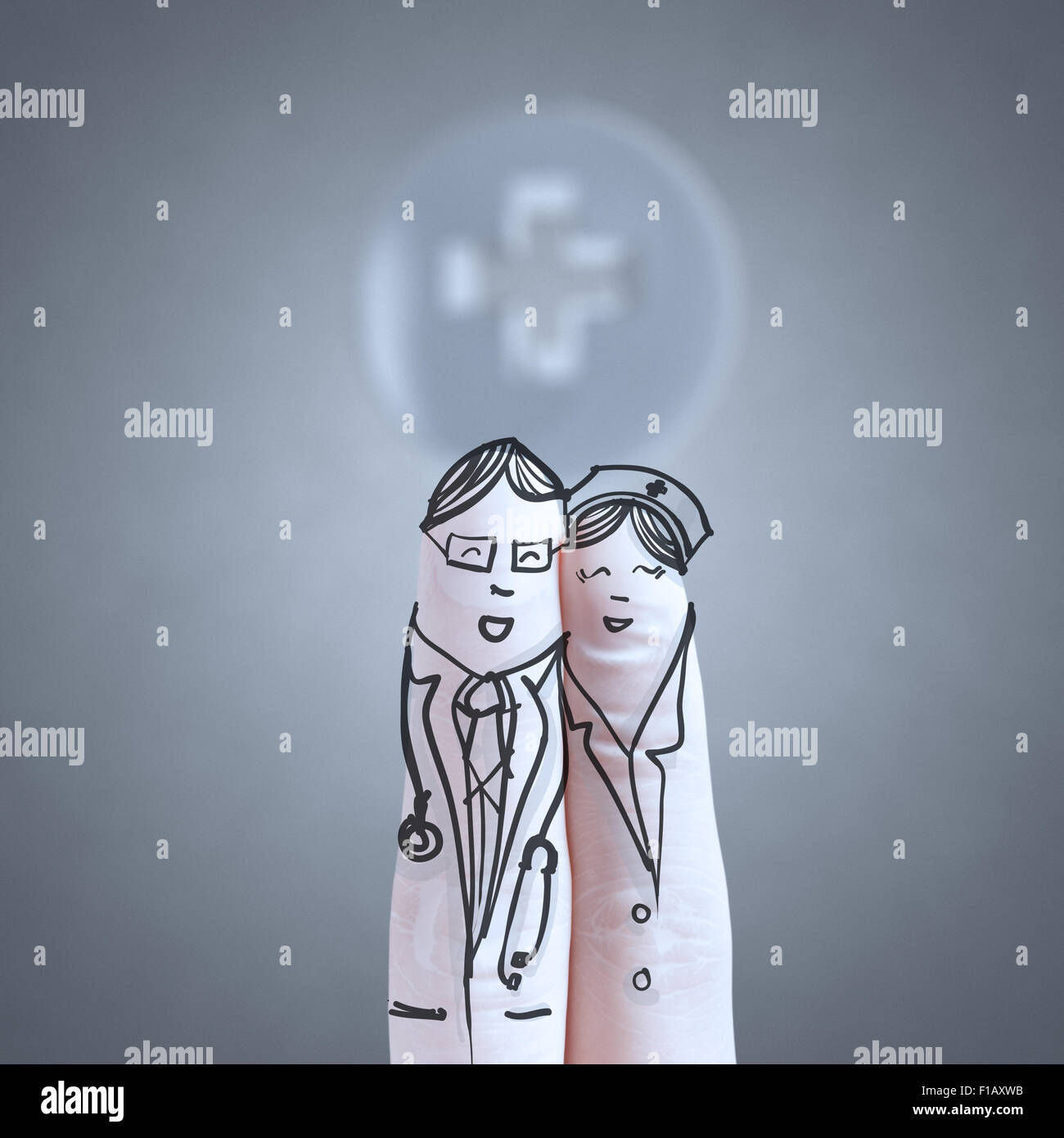 A lovely couple hand drawn and finger,doctor and nurse on texture ...