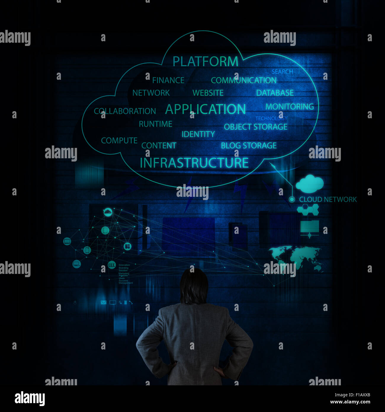 Businessman thinking of a Cloud Computing diagram on the new computer ...