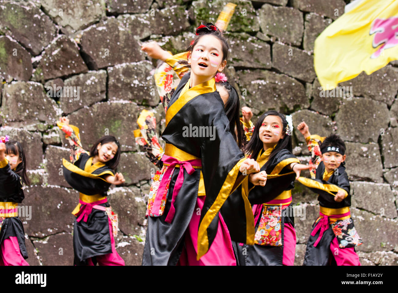 Kumamoto, Japan, Yosakoi Festival. Dance troupe of children, 10-16 year ...