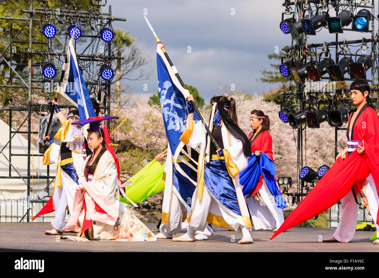 Yosakoi Japanese dance festival. Troupe on stage outdoors in dancing ...