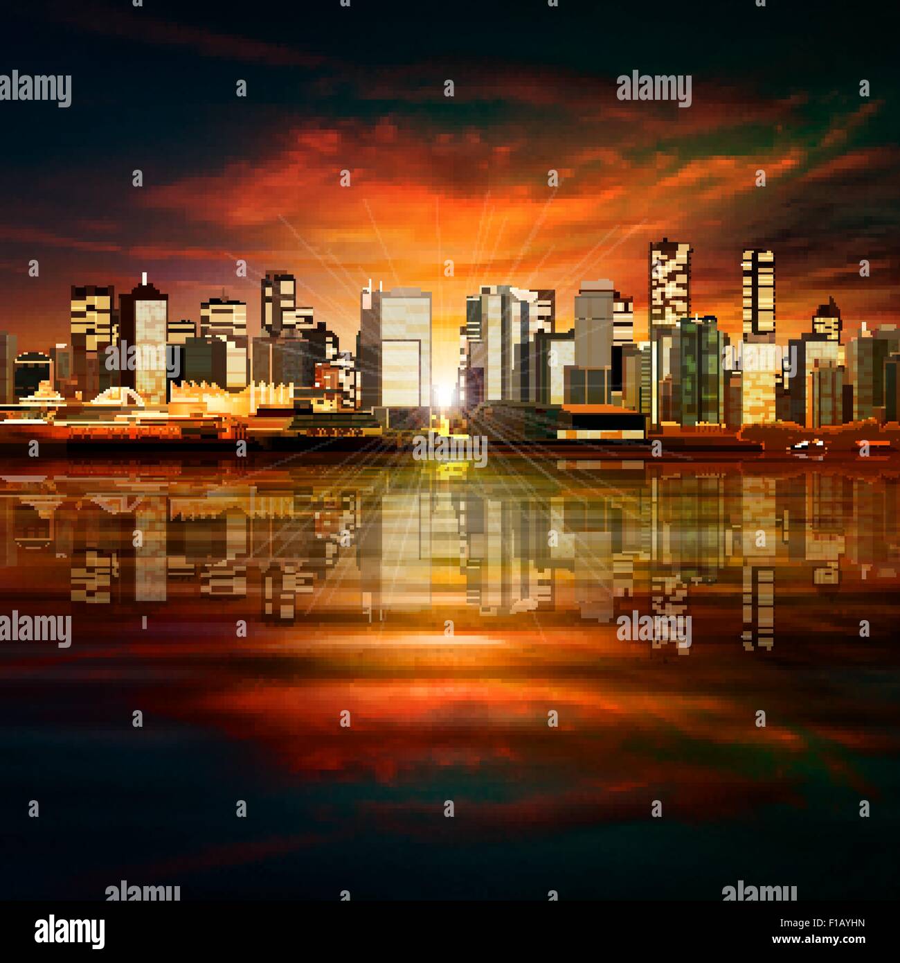 abstract vector red sunset background with panorama of city Stock ...