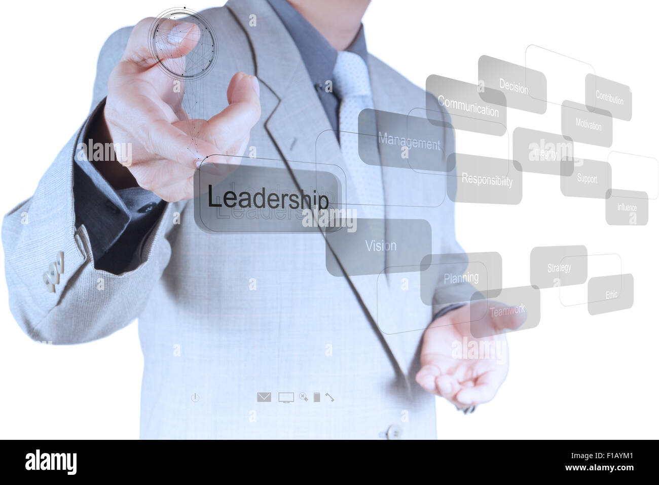 businessman pointing to leadership skill concept on virtual screen as ...