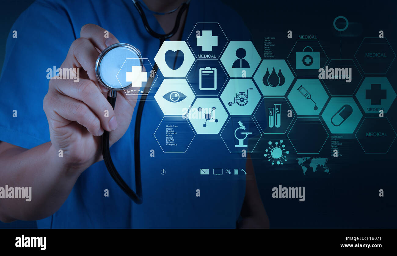 Medicine doctor hand working with modern computer interface as medical ...
