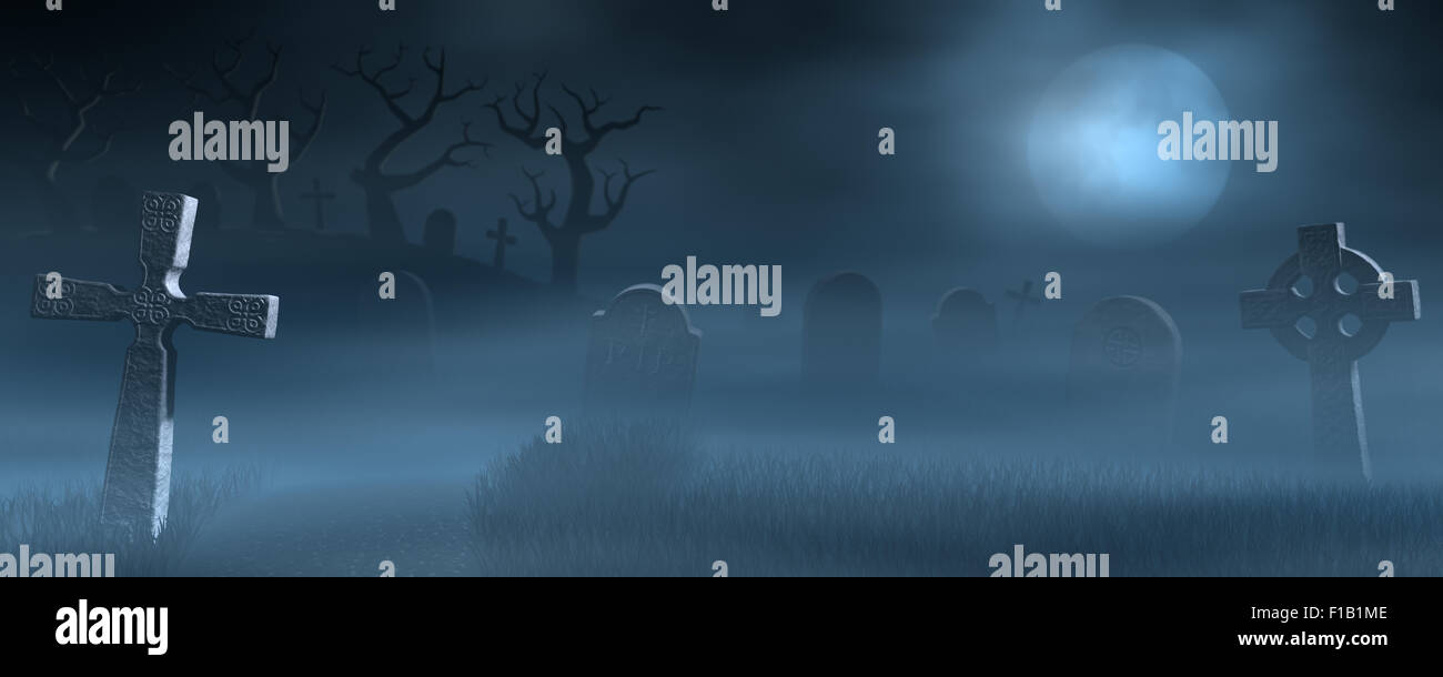 A path between old tombstones on a spooky and foggy graveyard at night ...